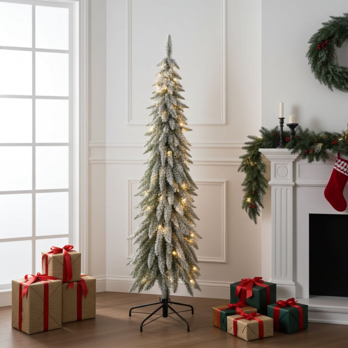 6ft Slim Snowy Pre-Lit Downswept Flocked Pencil Christmas Tree Lights ...